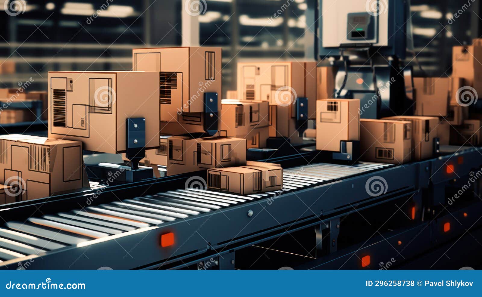 Box on Conveyor Roller. Delivery Service, Distribution Warehouse and ...