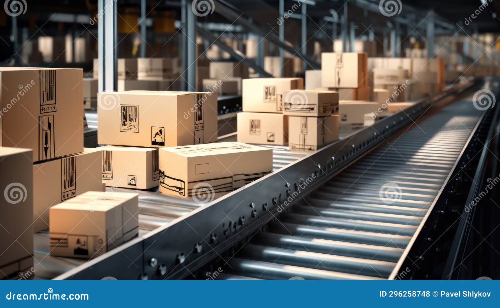Box on Conveyor Roller. Delivery Service, Distribution Warehouse and ...