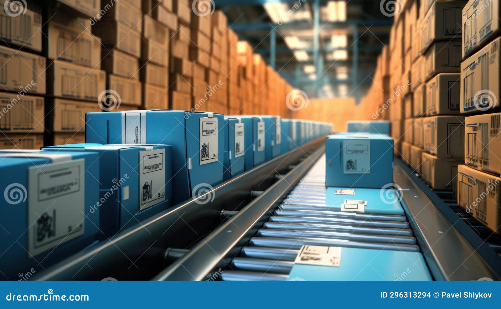 Box on Conveyor Roller. Delivery Service, Distribution Warehouse and ...