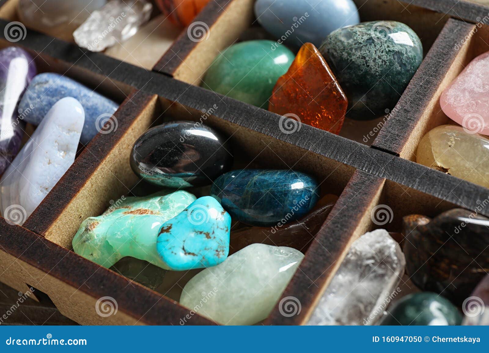 Box with Different Beautiful Gemstones on Table Stock Photo - Image of ...