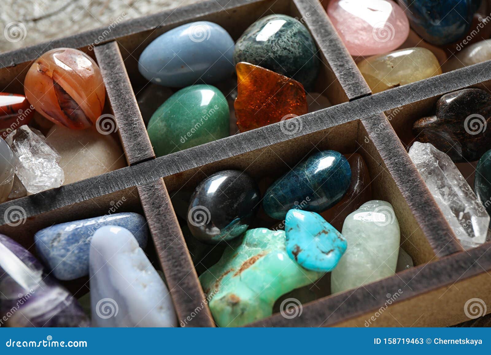 Box with Different Beautiful Gemstones on Table Stock Image - Image of ...