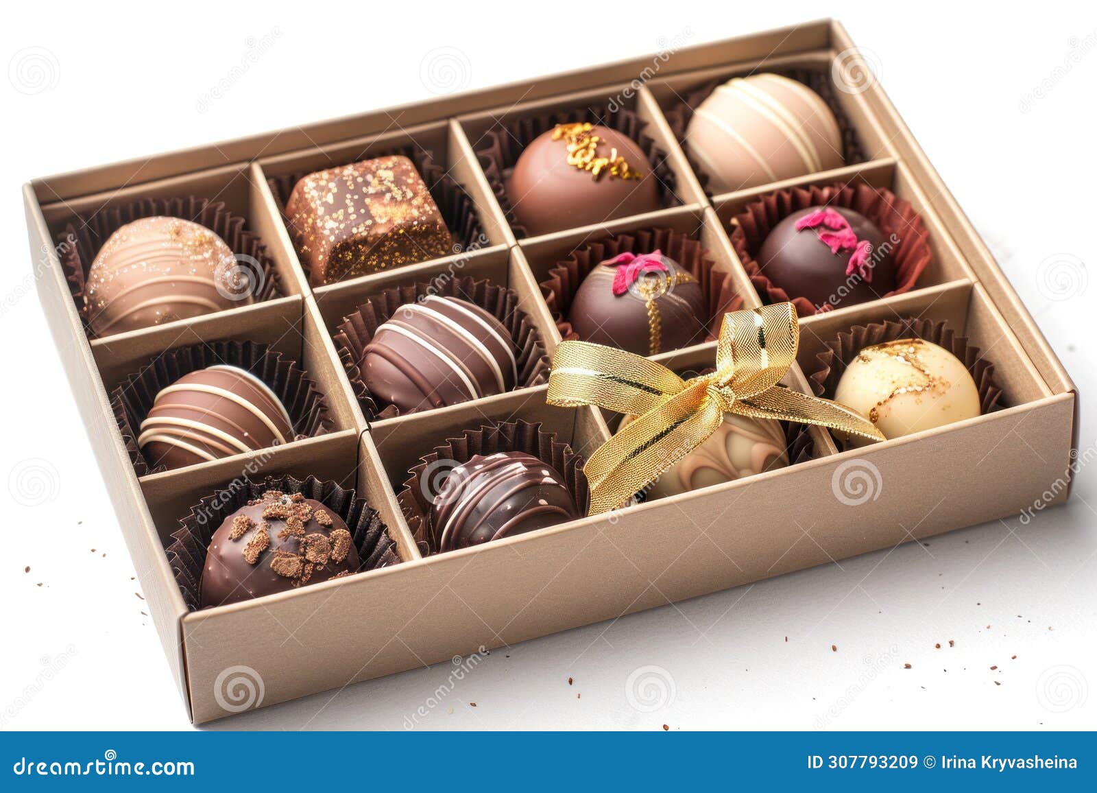 A Box of Different Chocolates with Gold Ribbon and Ribbons Stock Image ...