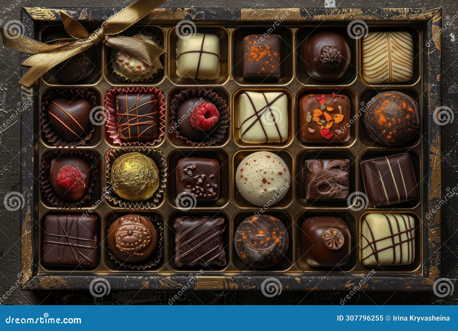 A Box of Different Chocolates with Gold Ribbon and Ribbons Stock Image ...