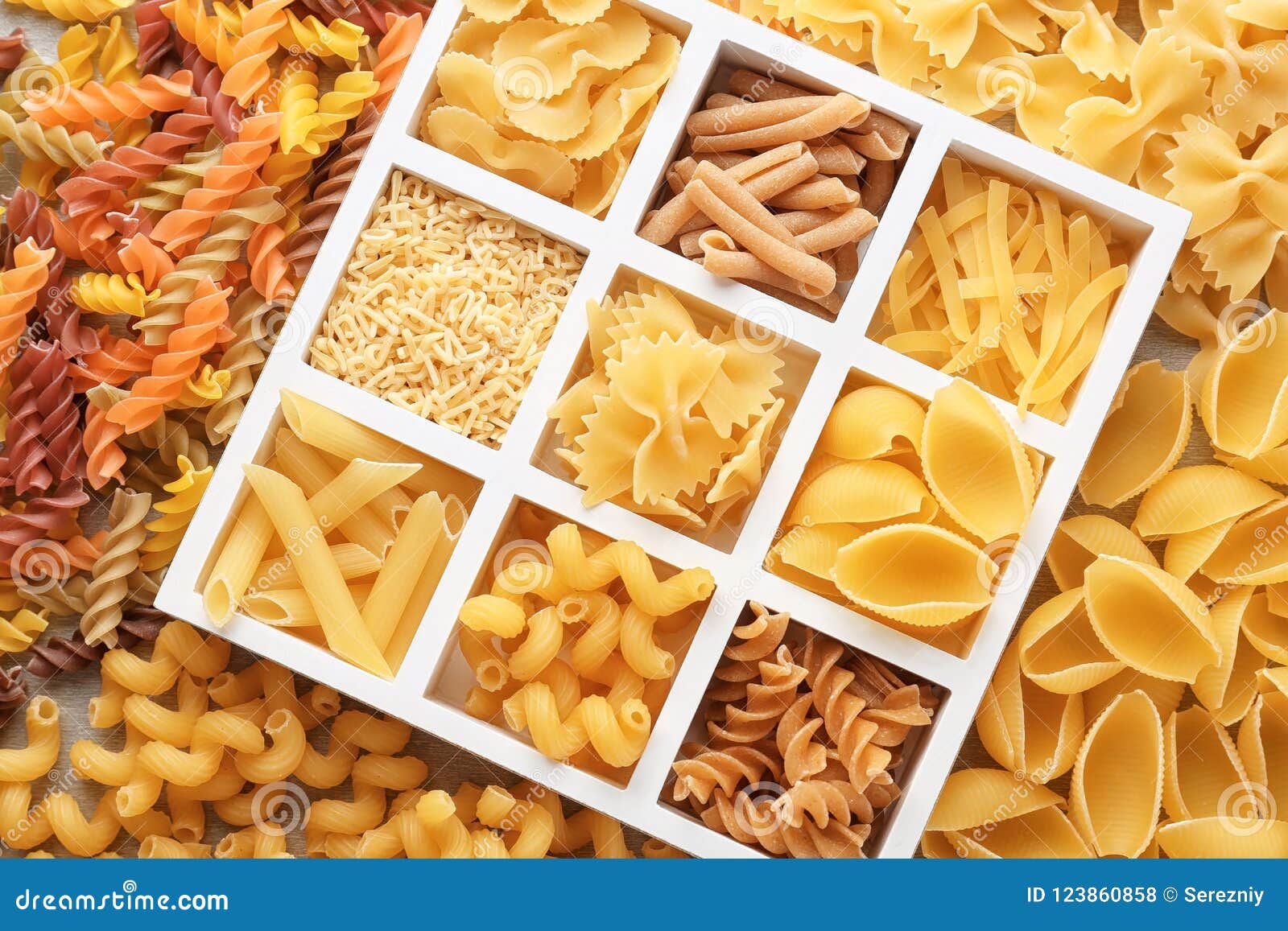 Box with Different Uncooked Pasta, Top View Stock Photo - Image of ...