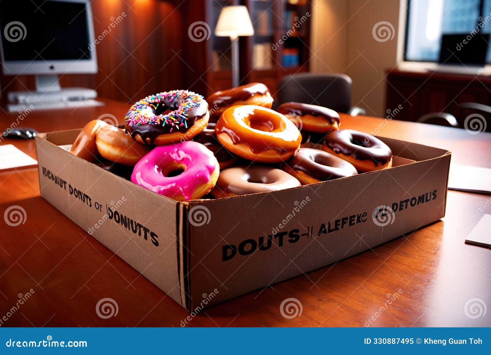 Box of Donuts on Table in Modern Office Boardroom, Meeting Snacks Stock ...