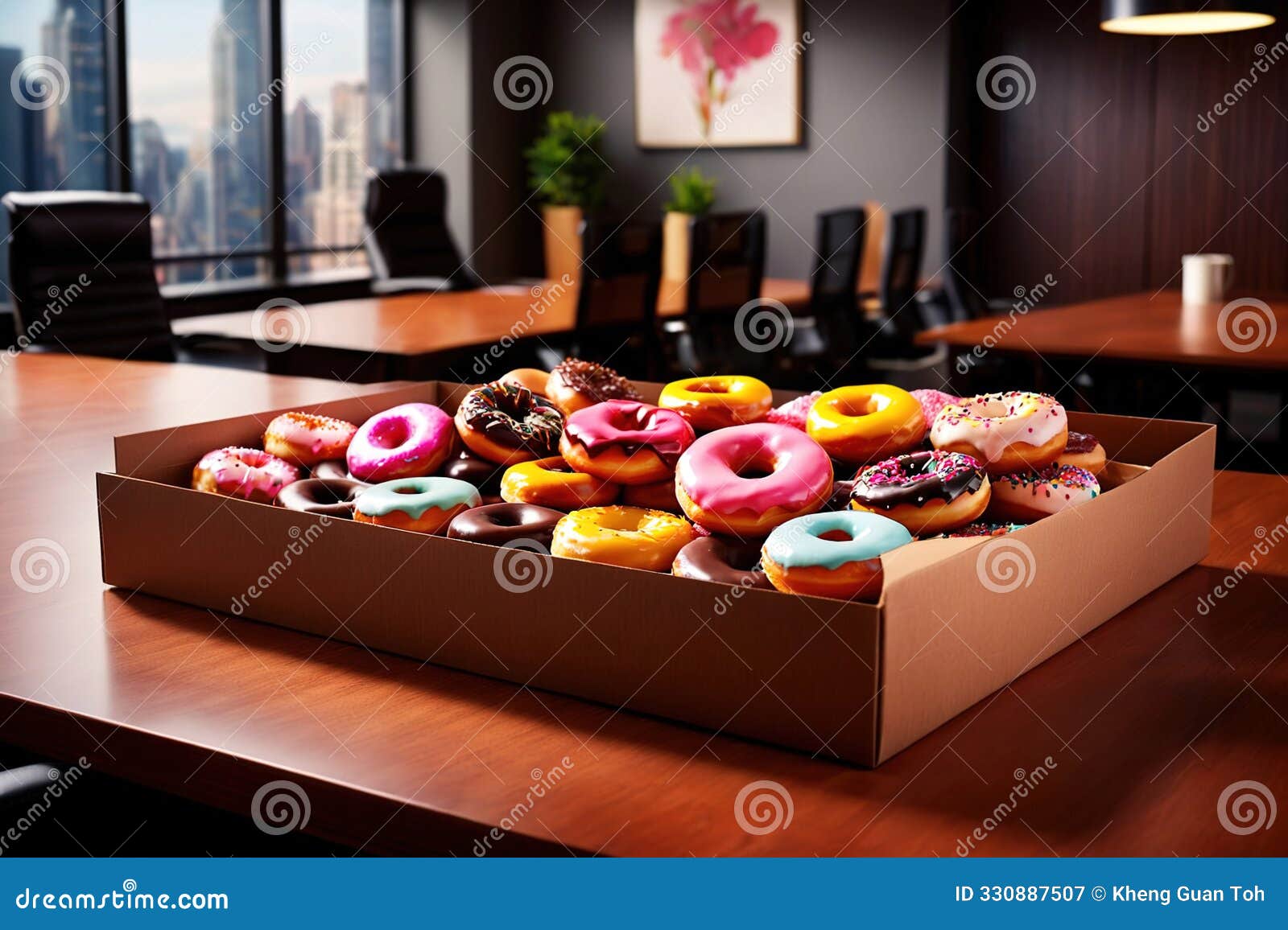 Box of Donuts on Table in Modern Office Boardroom, Meeting Snacks Stock ...