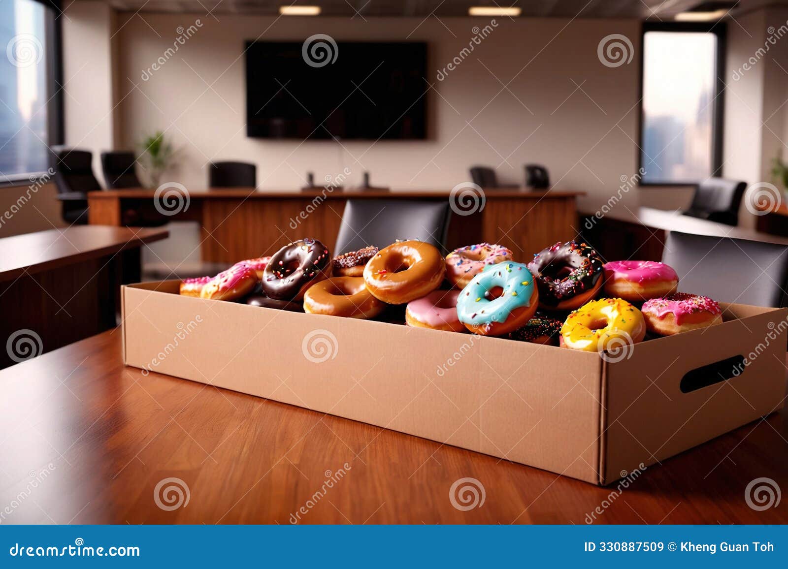 Box of Donuts on Table in Modern Office Boardroom, Meeting Snacks Stock ...