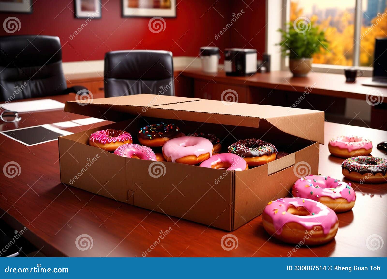 Box of Donuts on Table in Modern Office Boardroom, Meeting Snacks Stock ...