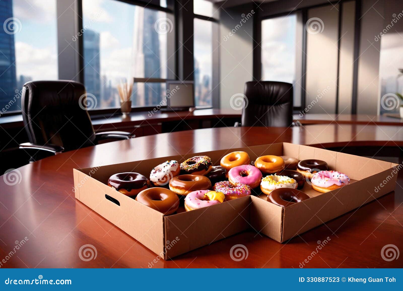 Box of Donuts on Table in Modern Office Boardroom, Meeting Snacks Stock ...