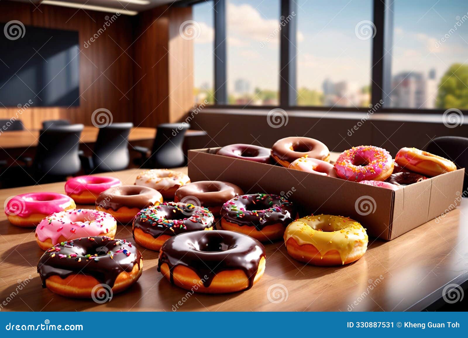 Box of Donuts on Table in Modern Office Boardroom, Meeting Snacks Stock ...