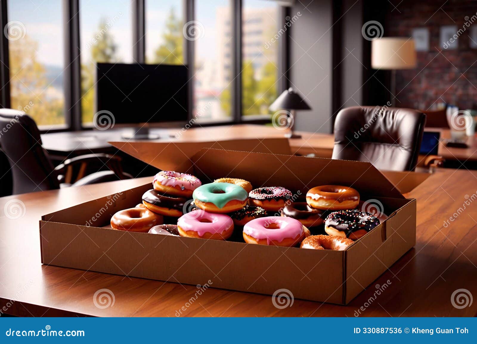 Box of Donuts on Table in Modern Office Boardroom, Meeting Snacks Stock ...