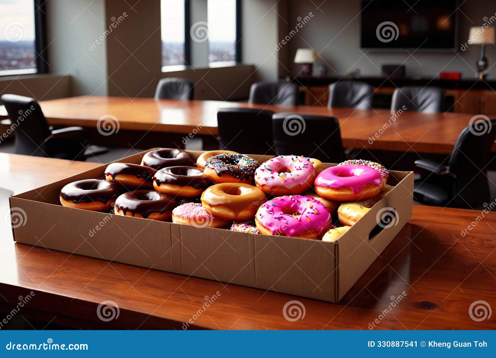 Box of Donuts on Table in Modern Office Boardroom, Meeting Snacks Stock ...