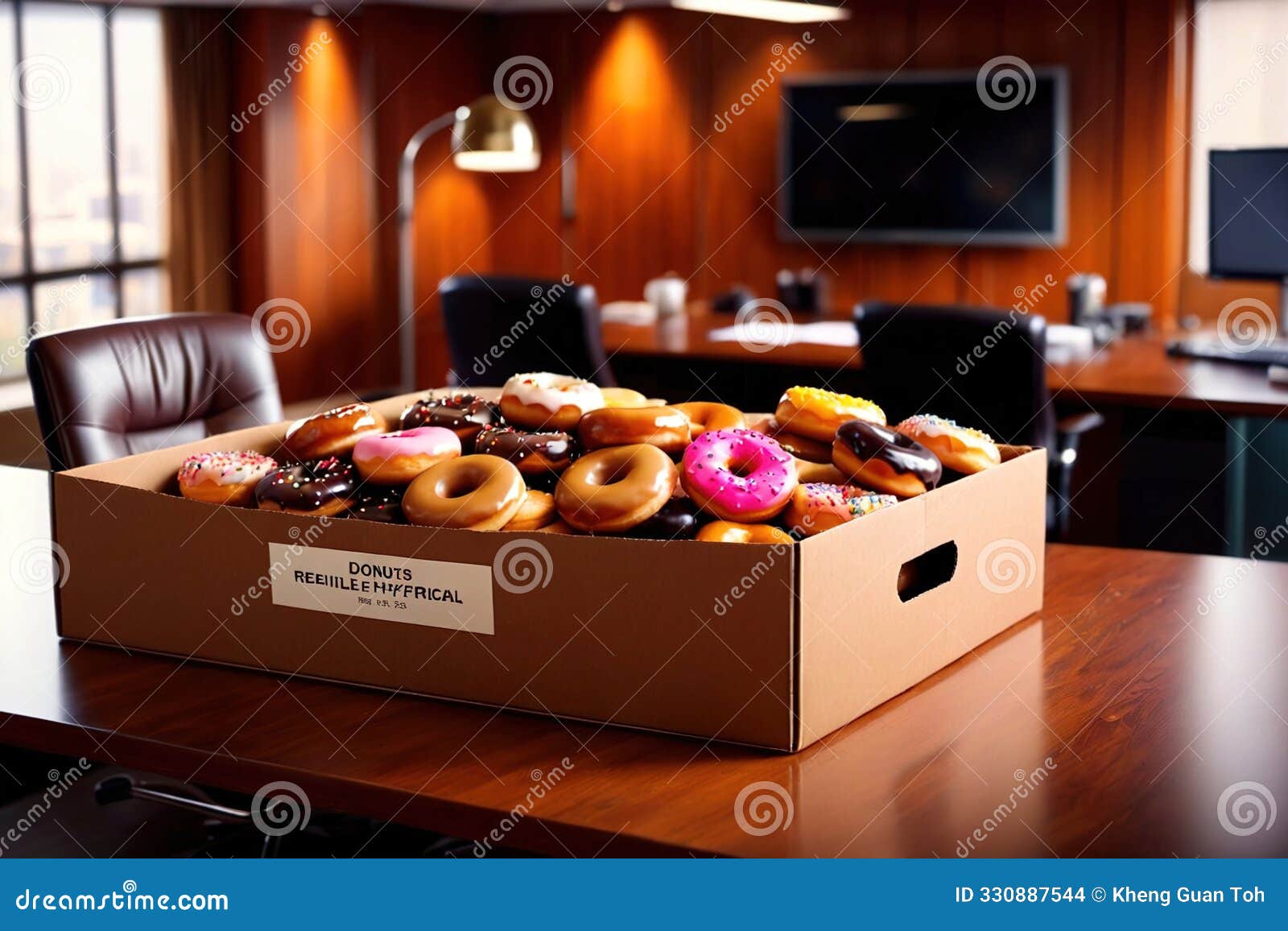 Box of Donuts on Table in Modern Office Boardroom, Meeting Snacks Stock ...