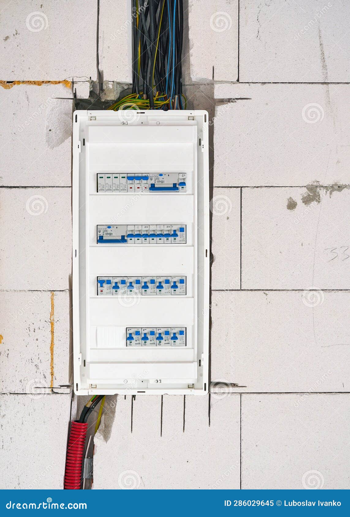 Box with Electric Switch Fuses or Circuit Breakers Installed on Bare ...