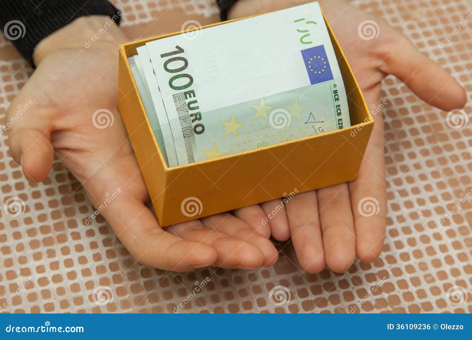 Box with euro in the hands stock photo. Image of giving - 36109236