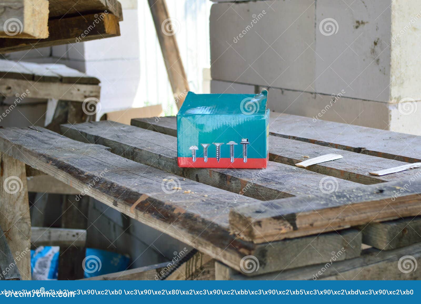 Box with Fasteners Stands on Old Construction Wooden Scaffolding Stock ...