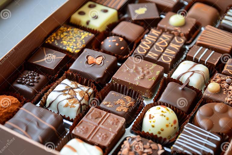 A Box Filled with a Variety of Chocolates in Fancy Packaging, a Box of ...