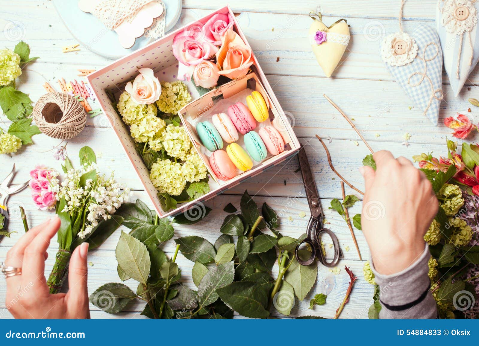 Box with Flowers and Macaroons Stock Image - Image of assorted, cookie ...