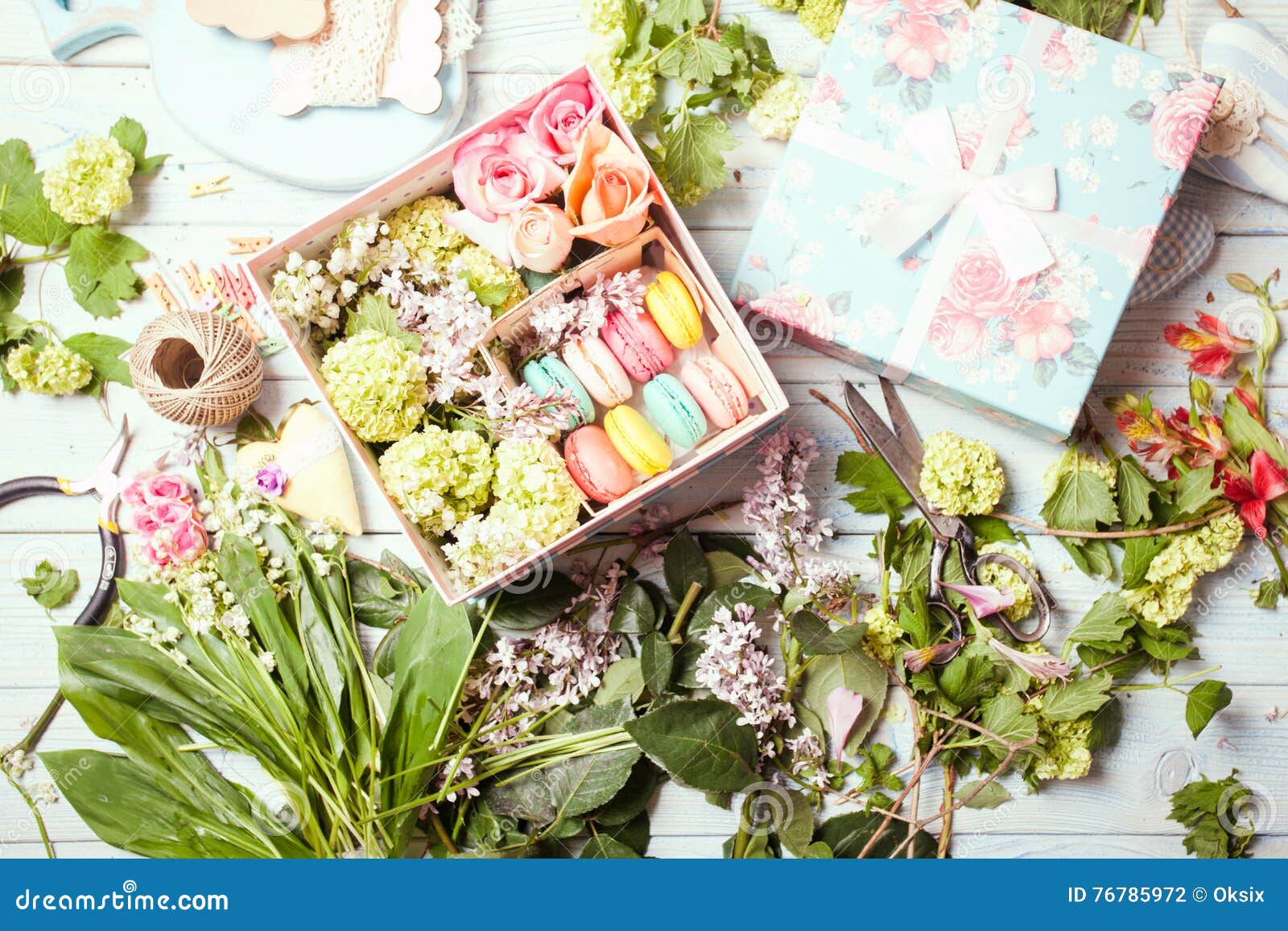 Box with Flowers and Macaroons Stock Photo - Image of cake, blue: 76785972