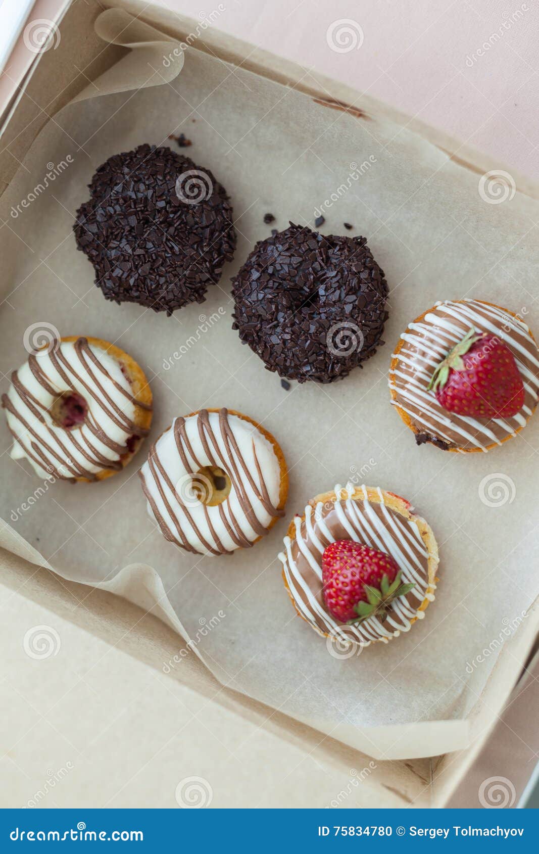 Box of fresh donuts stock photo. Image of background - 75834780