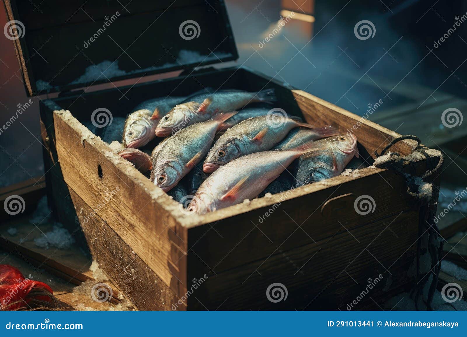 A Box of Freshly Caught Fish with Ice Stock Illustration - Illustration ...