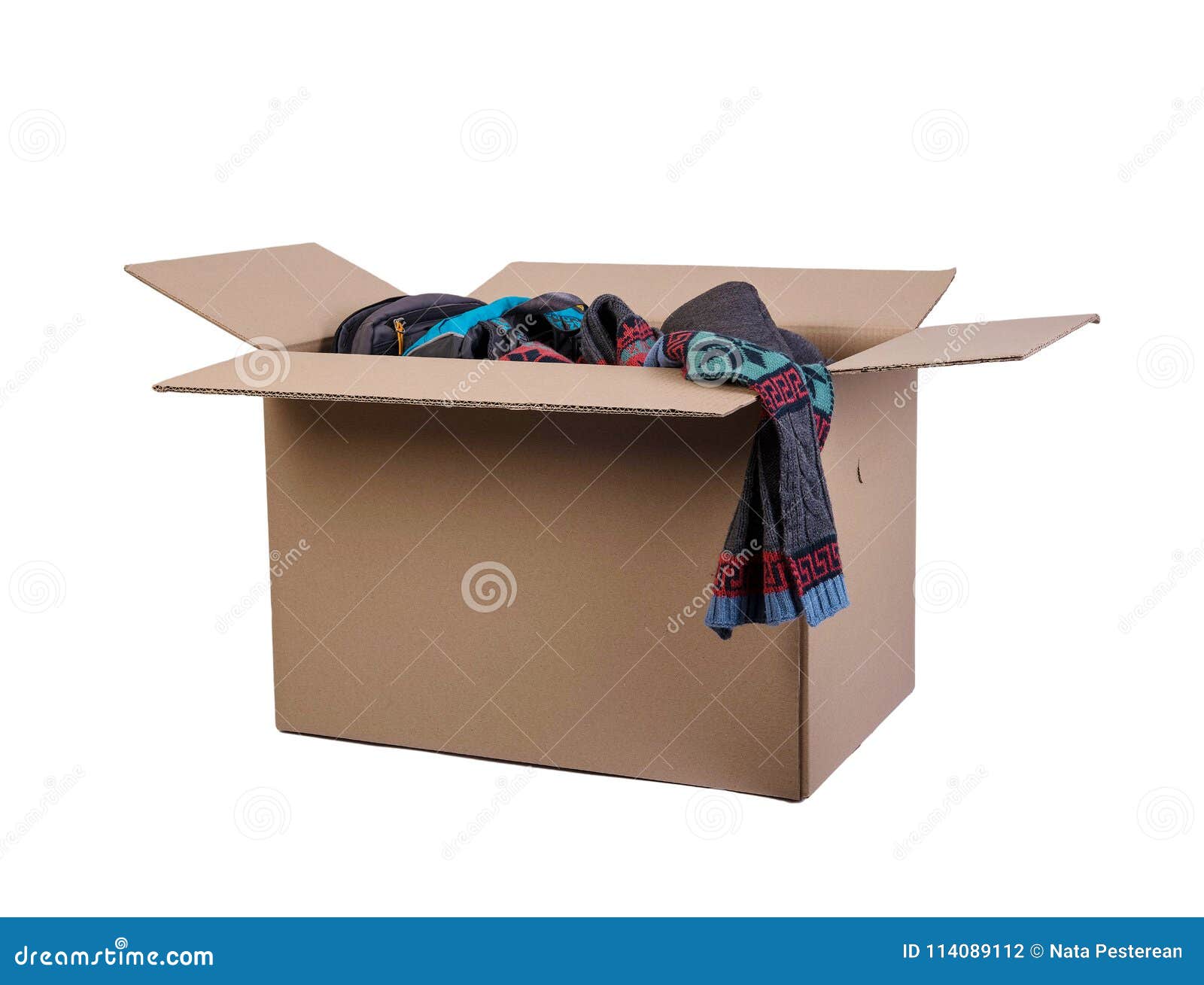 Box Full of Clothes Isolated on White. Copyspace. Moving, Donation ...