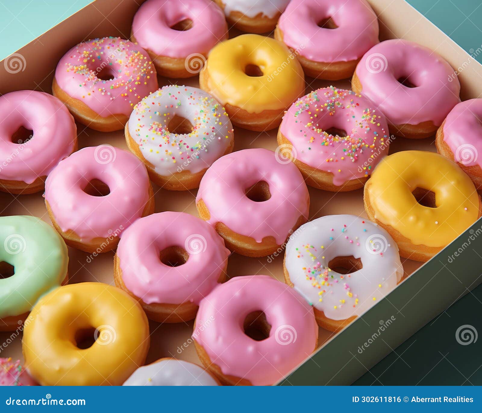 A Box Full of Donuts with Different Colors and Sprinkles Stock Photo ...