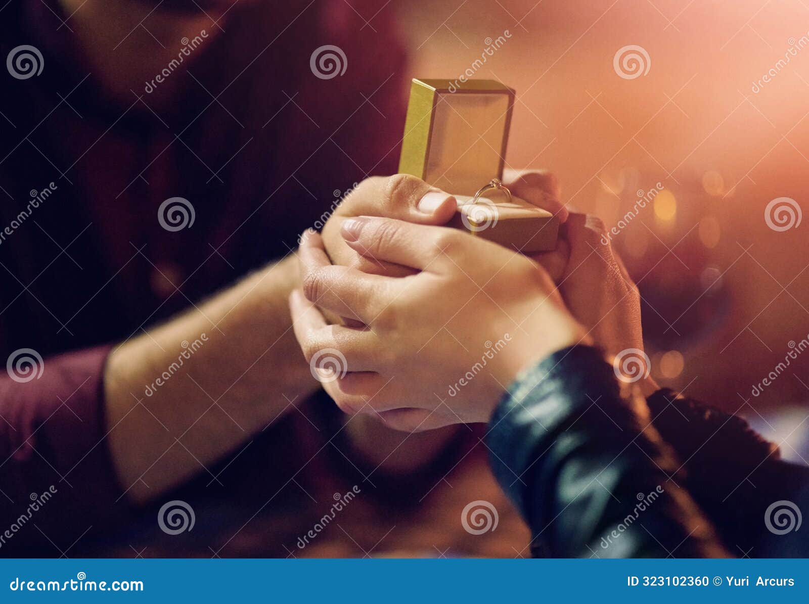 Box, Hands and Proposal with Couple in Restaurant Together for ...