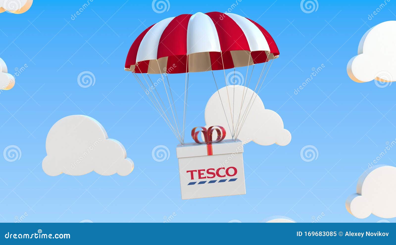 TESCO Logo on Moving Box Moves Under Parachute. Editorial 3D Rendering ...