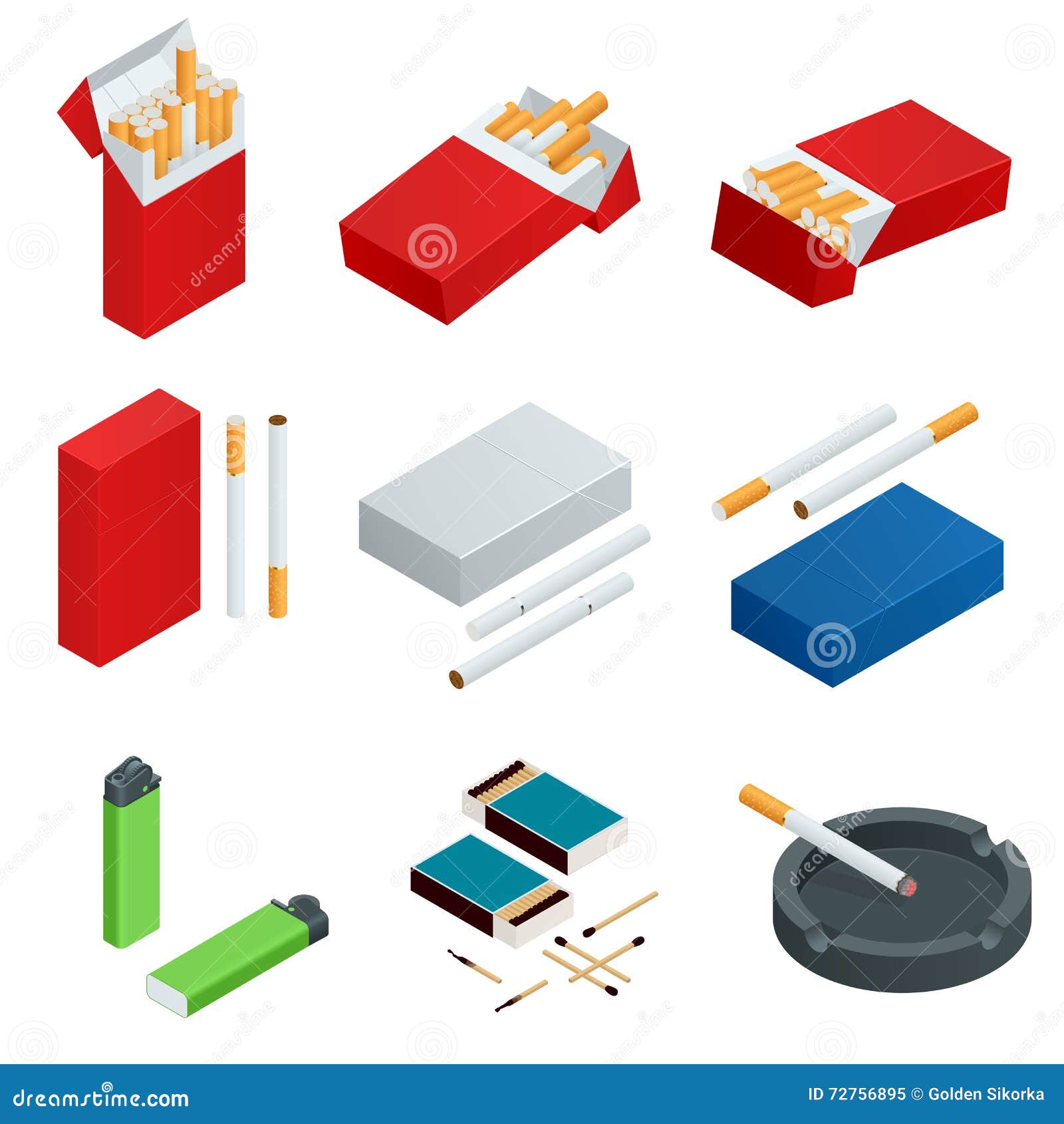 Box of Matches, Lighters, Cigarettes Pack, Cigarette. Flat 3d Vector ...