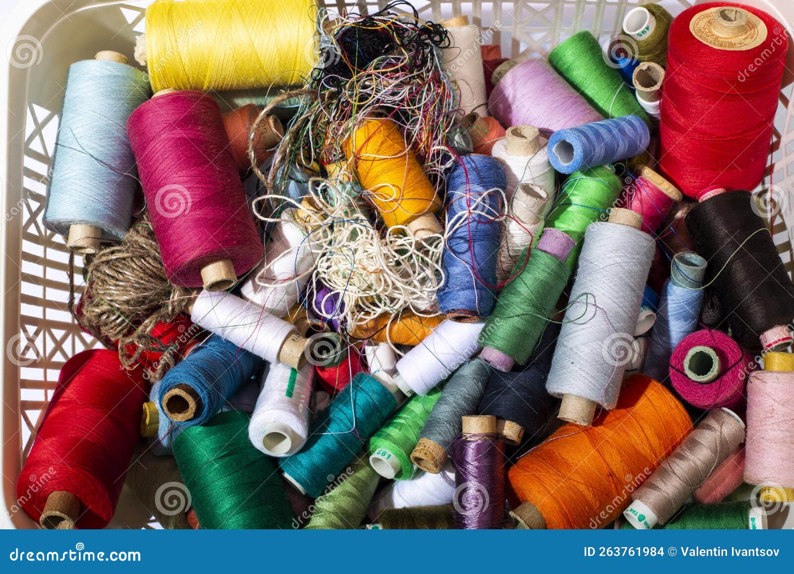 A Box with Multicolored Coils of Different Threads in Close-up Stock ...