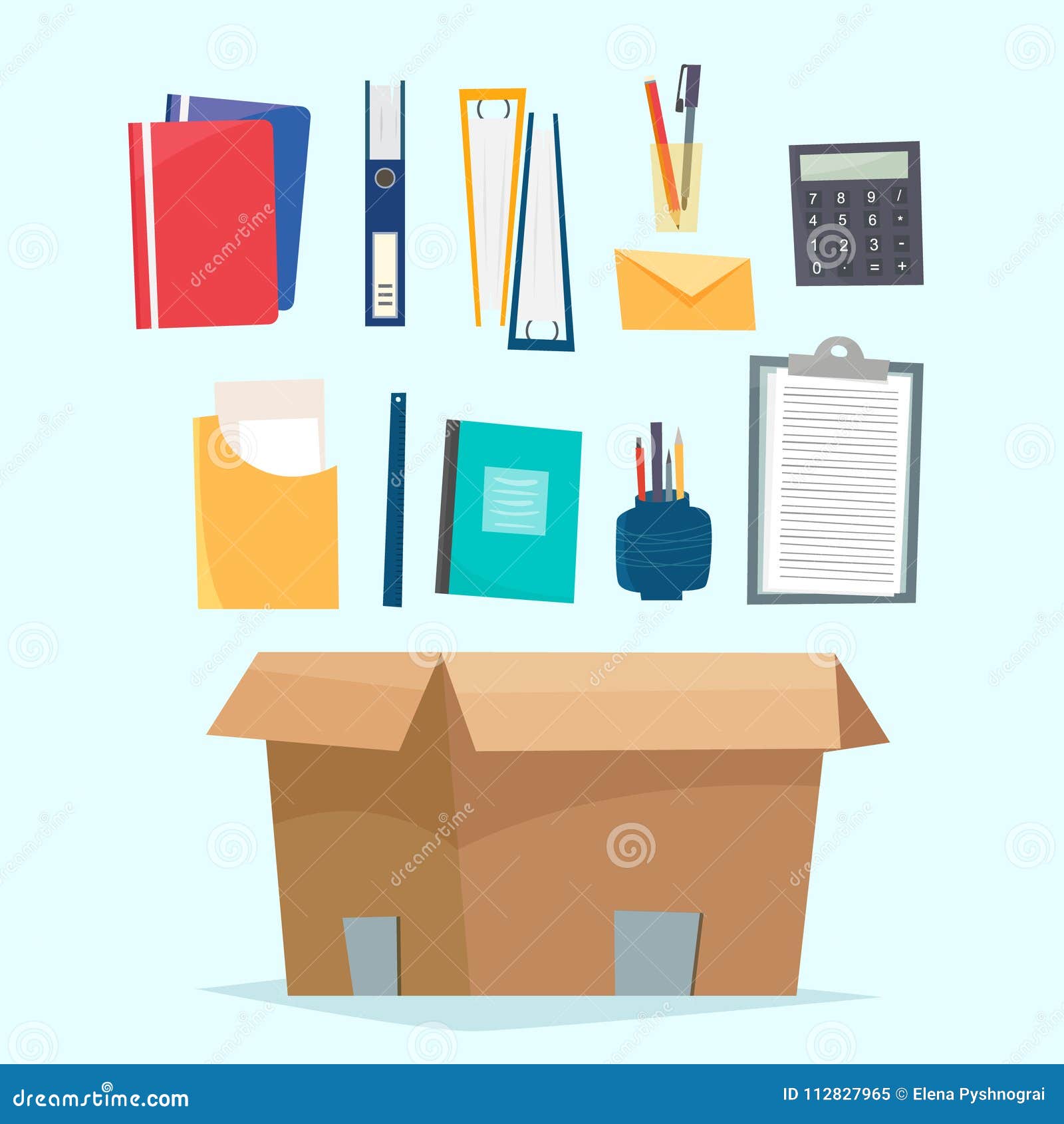 Box with office objects. stock vector. Illustration of paper - 112827965