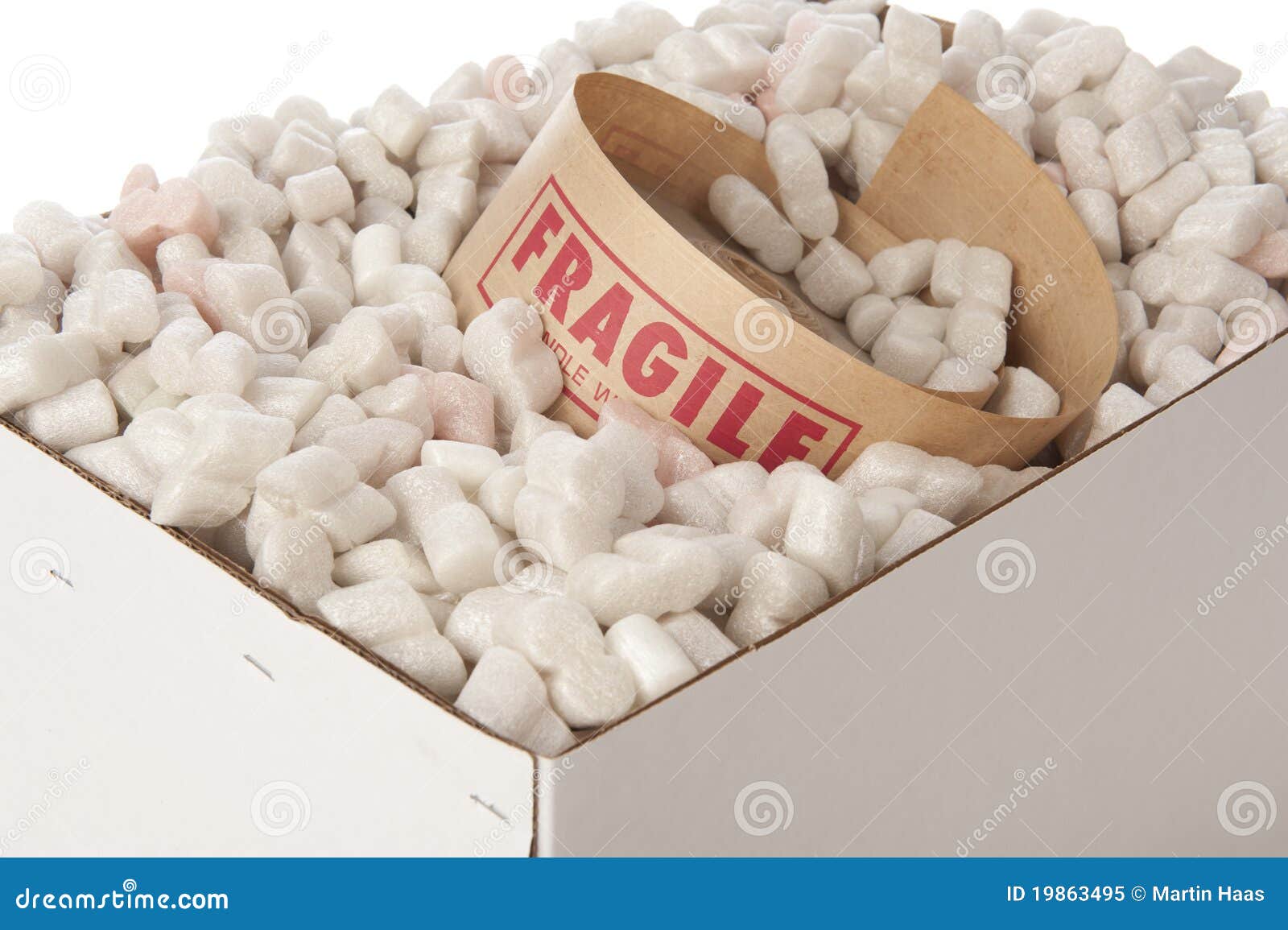 Box of Packing Peanuts with Roll of Fragile Tape Stock Image - Image of ...