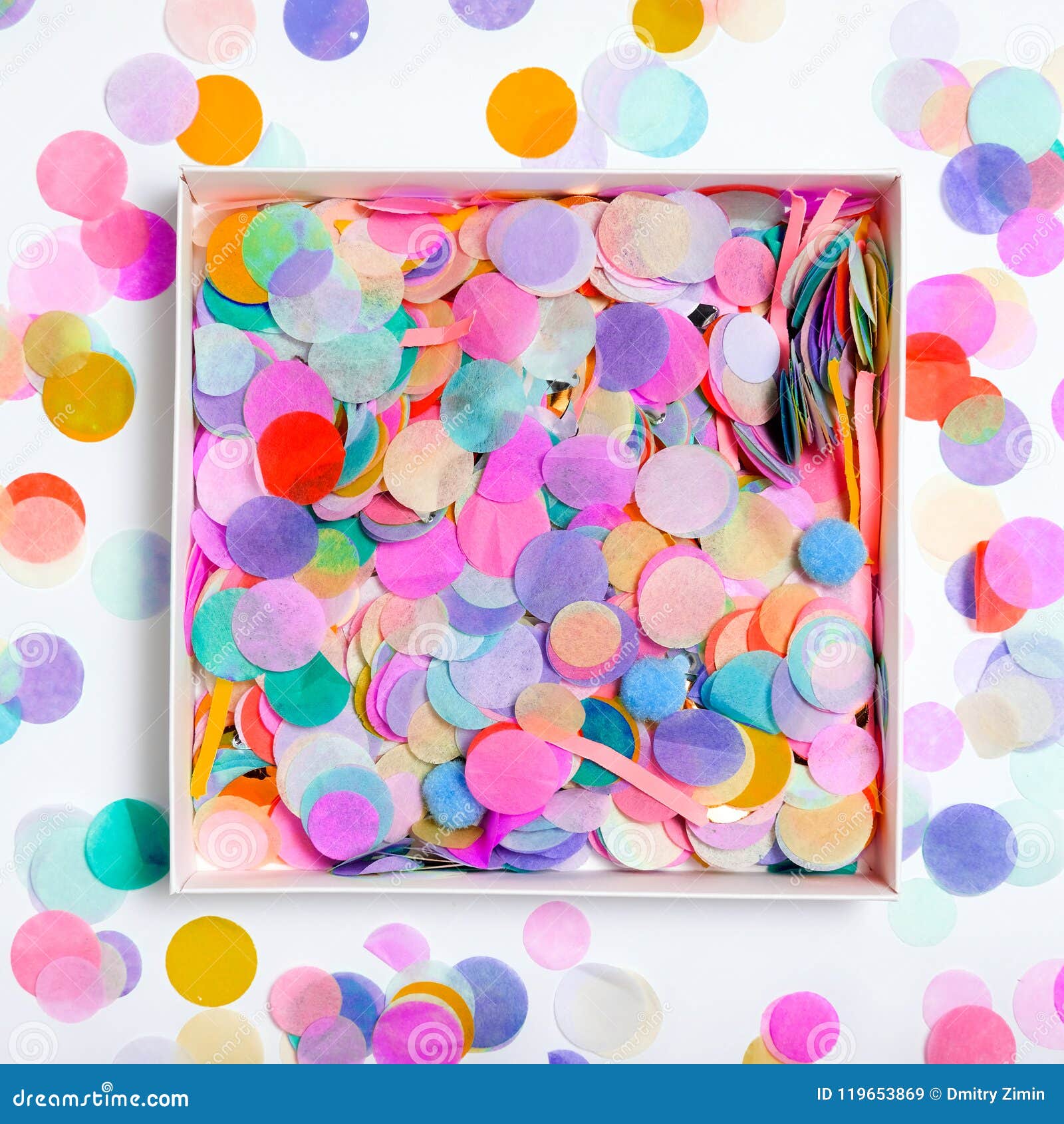 Box with Confetti on Colorful Background Stock Image - Image of ...