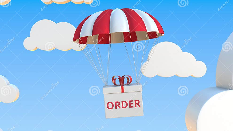 Box with ORDER Falls with a Parachute. Conceptual 3D Rendering Stock ...