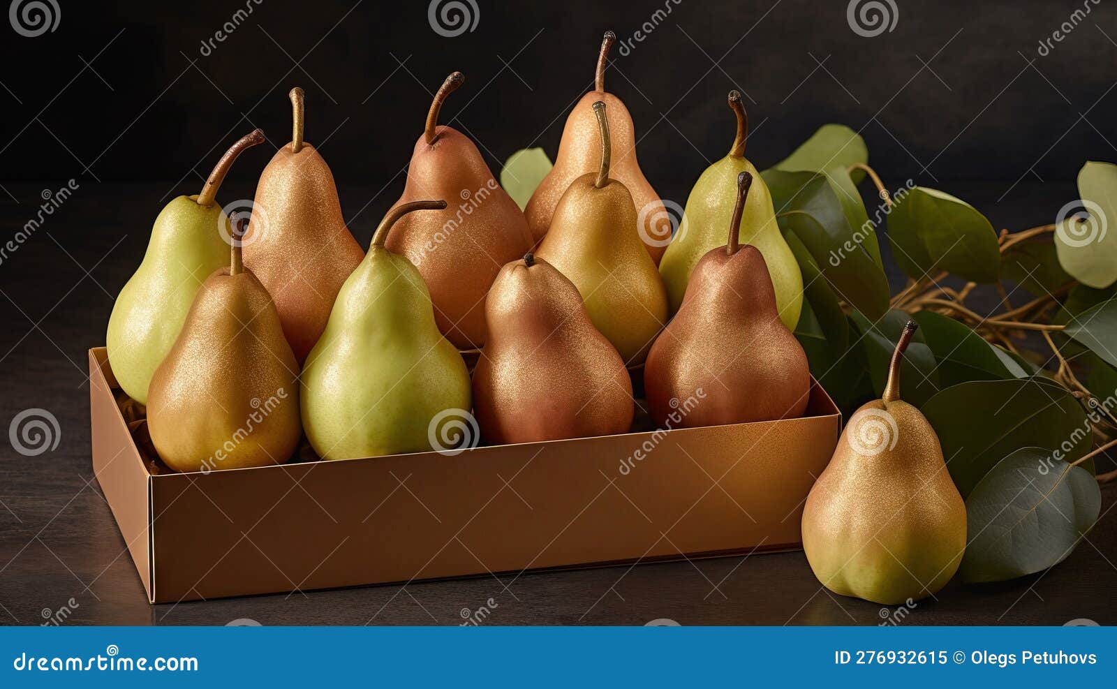 A Box of Pears and a Bunch of Leaves on a Table with a Black Background ...