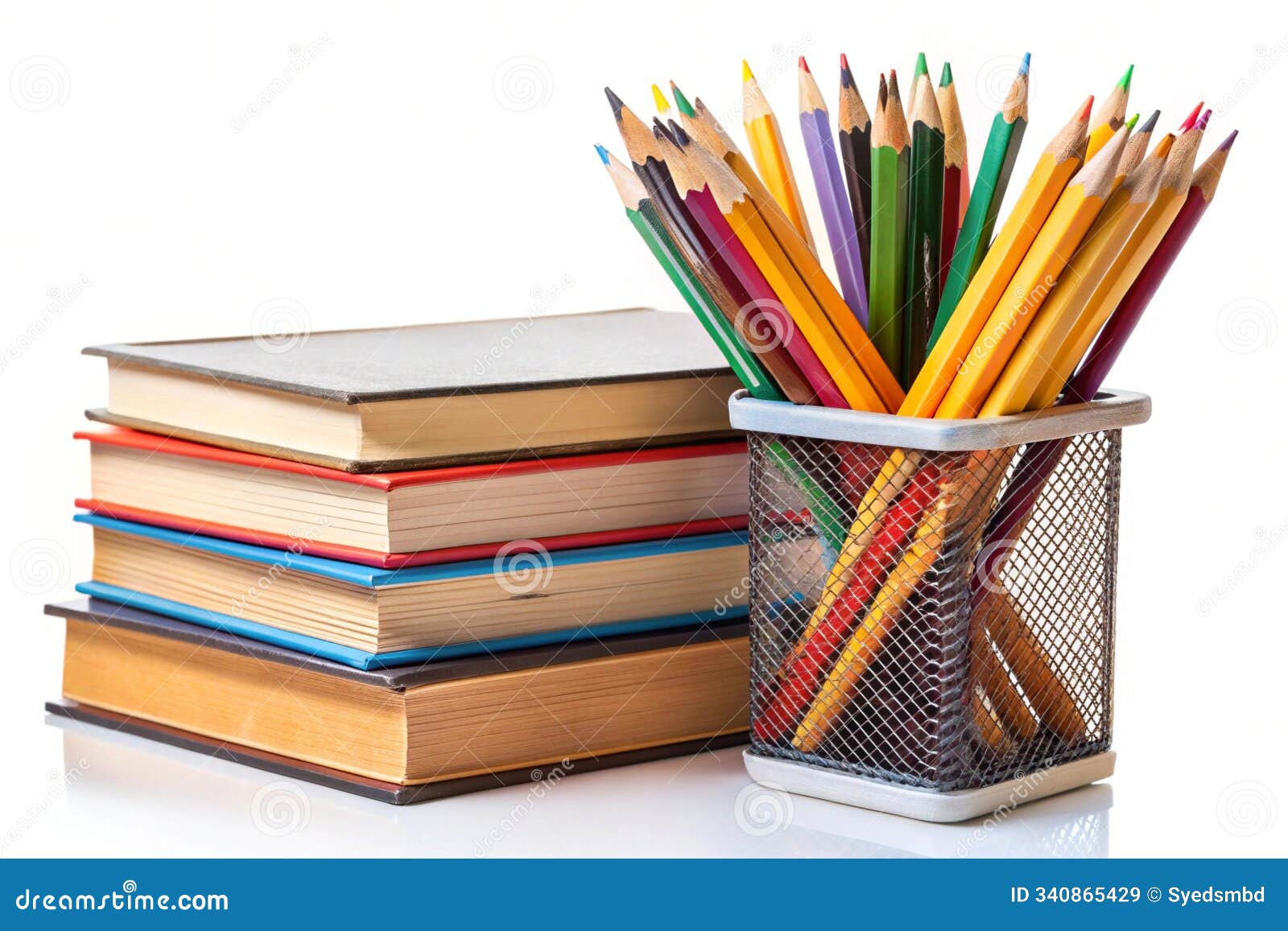 Box of Pencils and Stack of Books, Isolated on White Background Stock ...