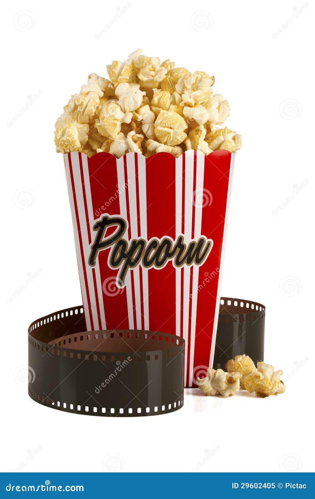 Box of popcorn and film stock image. Image of amusement - 29602405