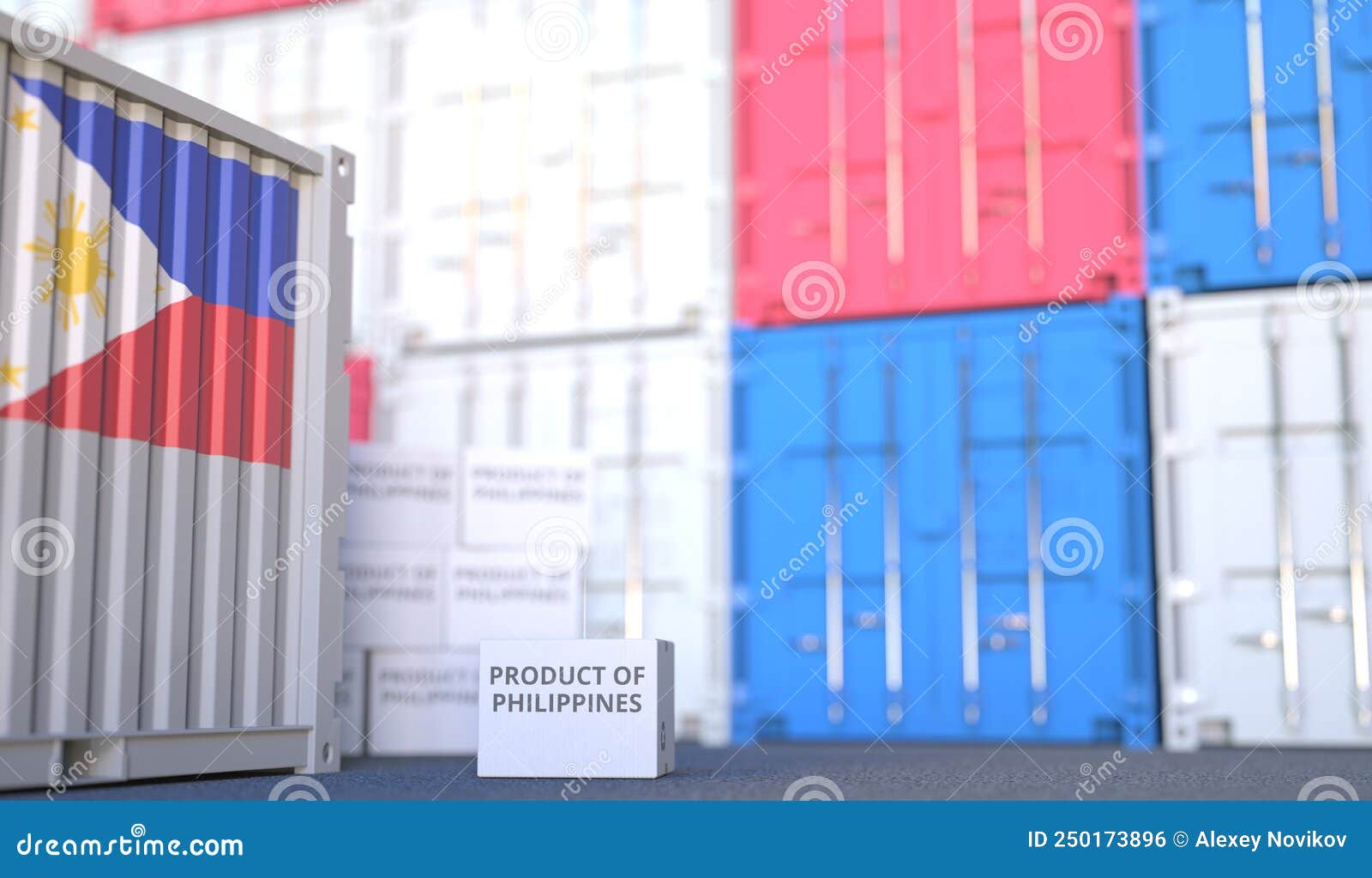 Box with PRODUCT of PHILIPPINES Text and Cargo Containers. 3D Rendering ...