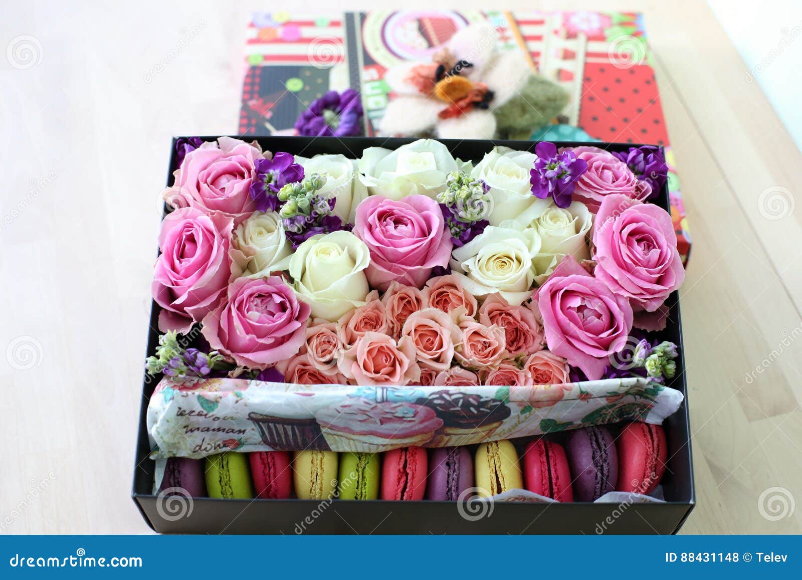 Box with Roses and Cakes Macaroon Stock Photo - Image of background ...
