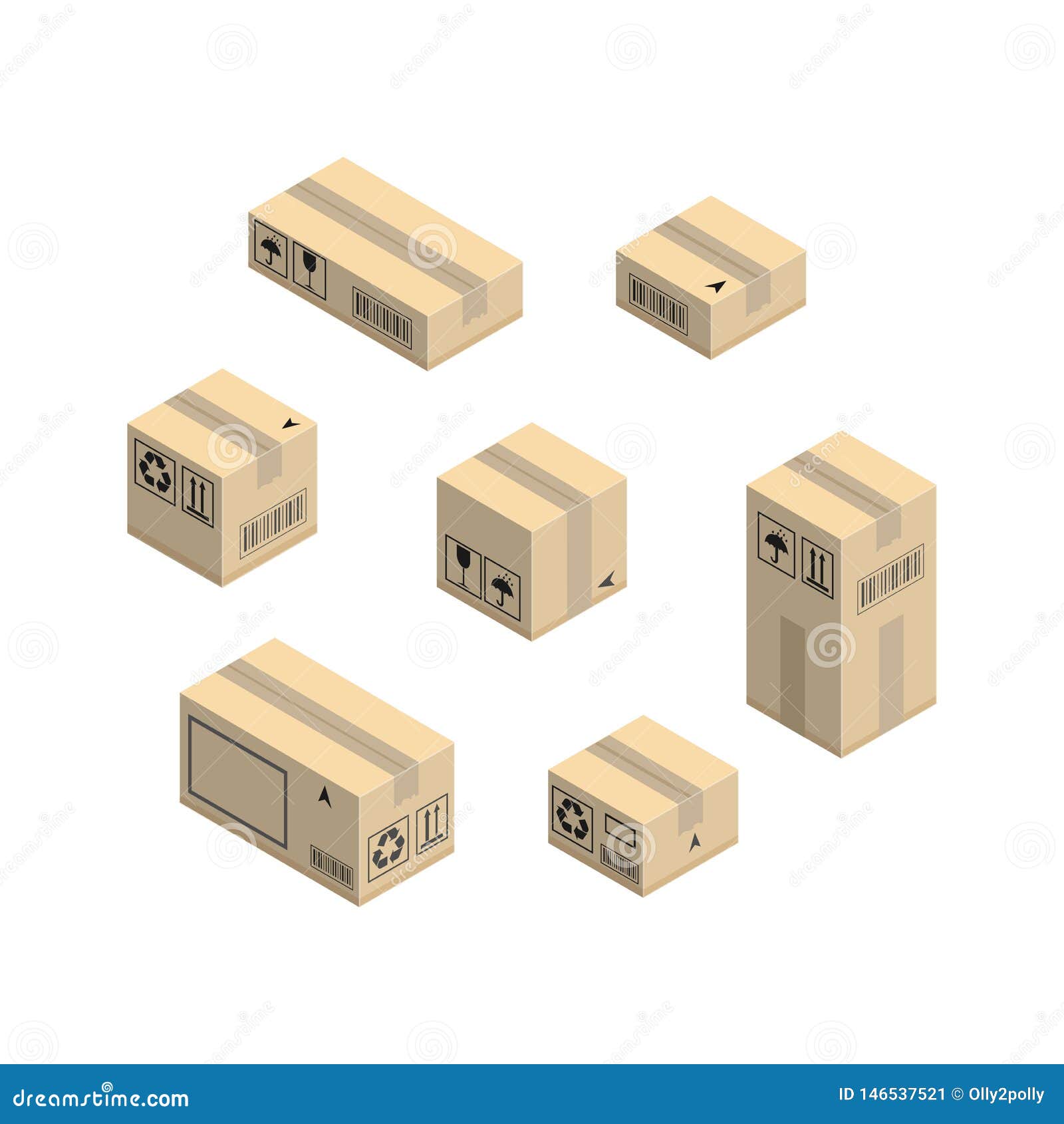 Cardboard Corrugated Box Set. Isometric Vector Isolated On White ...