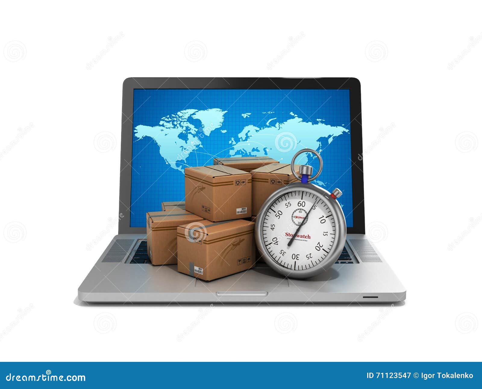 Box and Stopwatch Standing on a Laptop Isolated on White Concept Stock ...