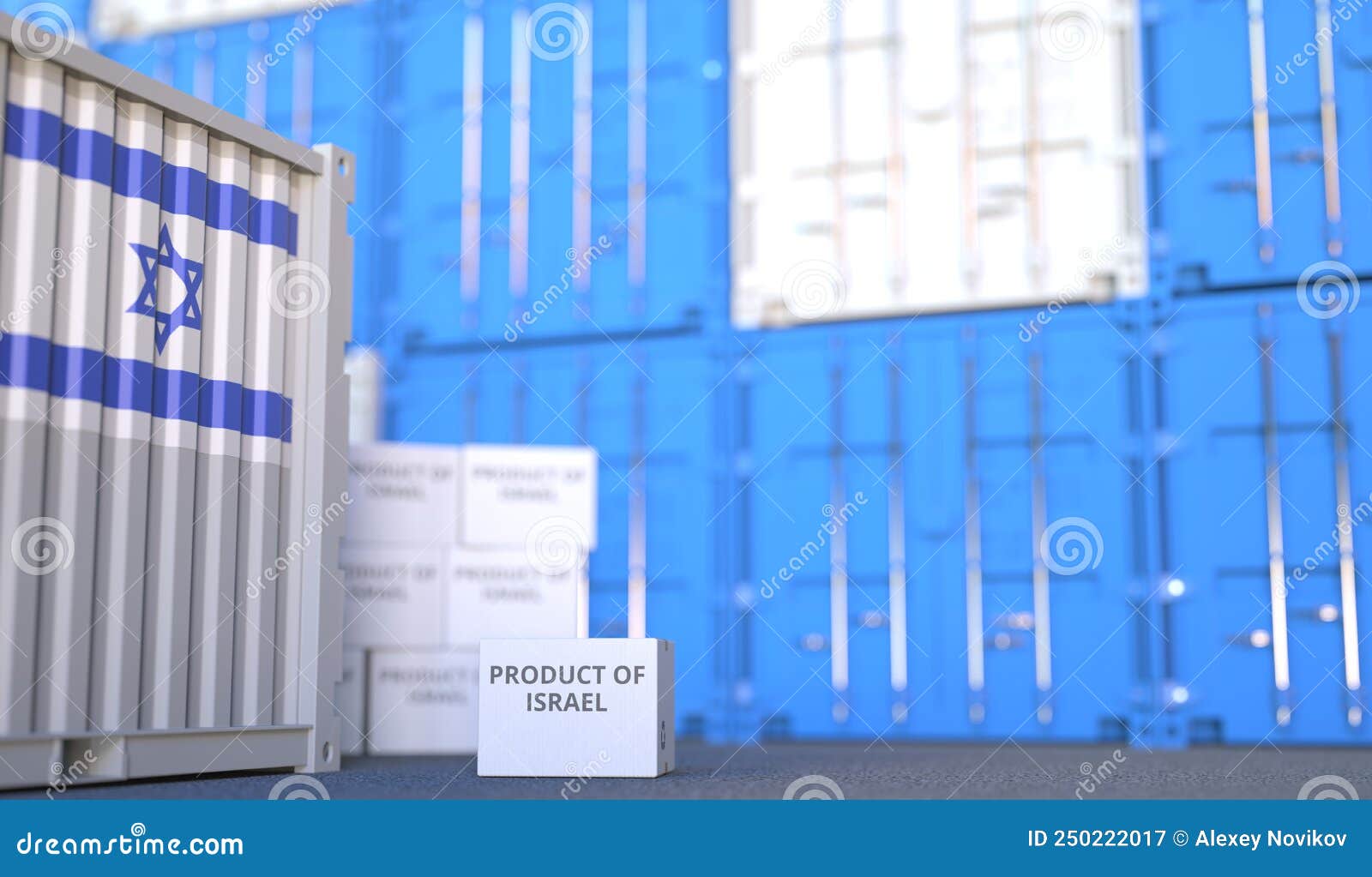 Carton with PRODUCT of ISRAEL Text and Many Containers, 3D Rendering ...