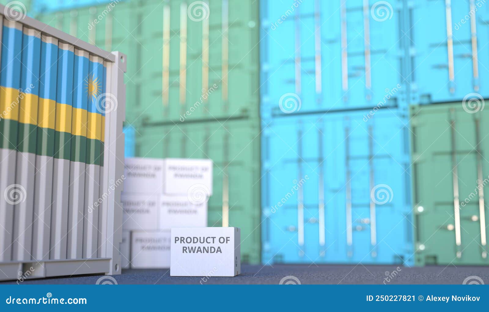 Carton with PRODUCT of RWANDA Text and Many Containers, 3D Rendering ...