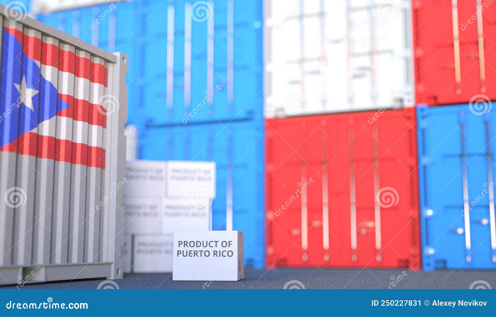 Box with PRODUCT of PUERTO RICO Text and Cargo Containers. 3D Rendering ...