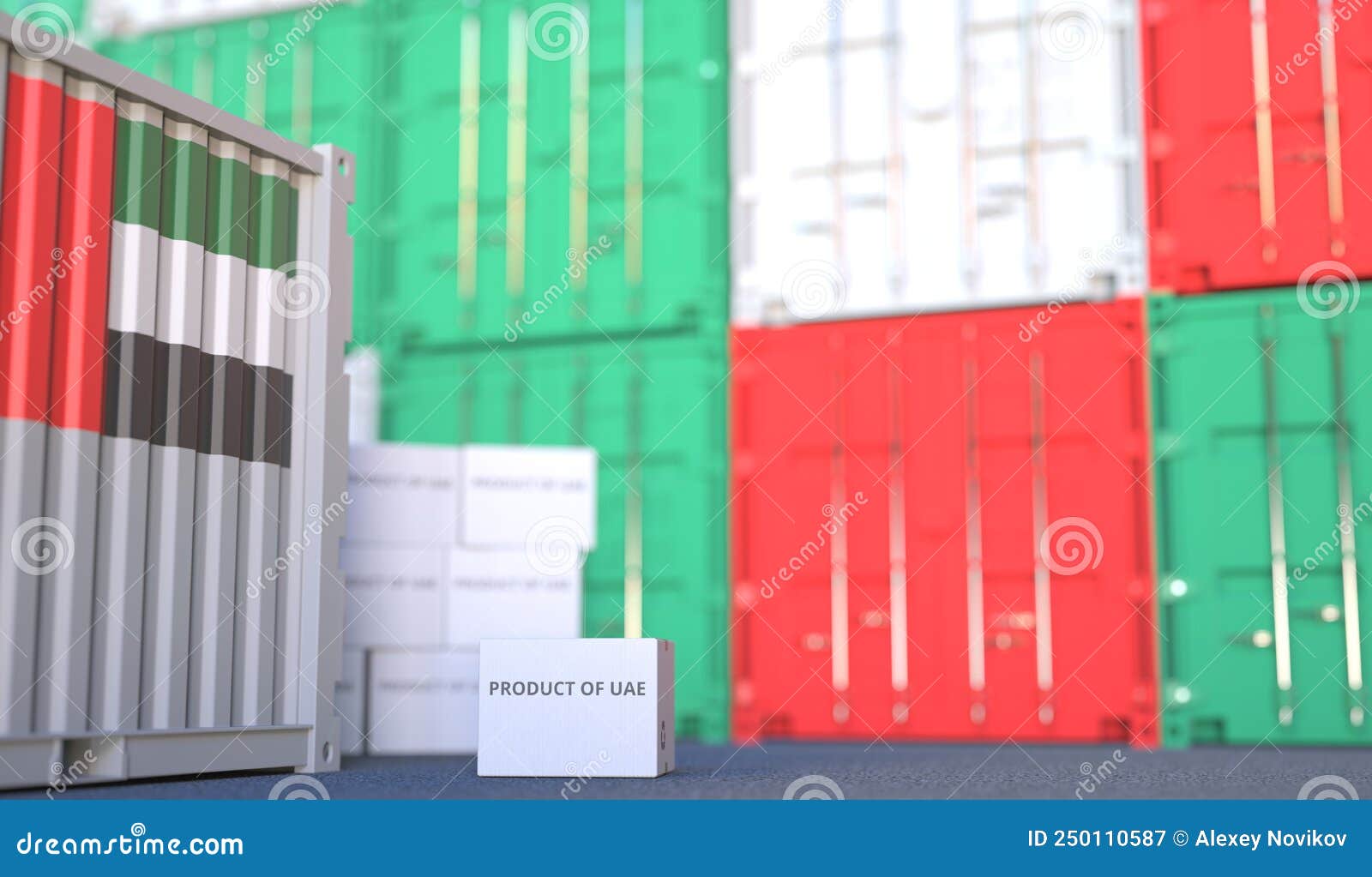 Box with PRODUCT of UAE Text and Cargo Containers. 3D Rendering Stock ...