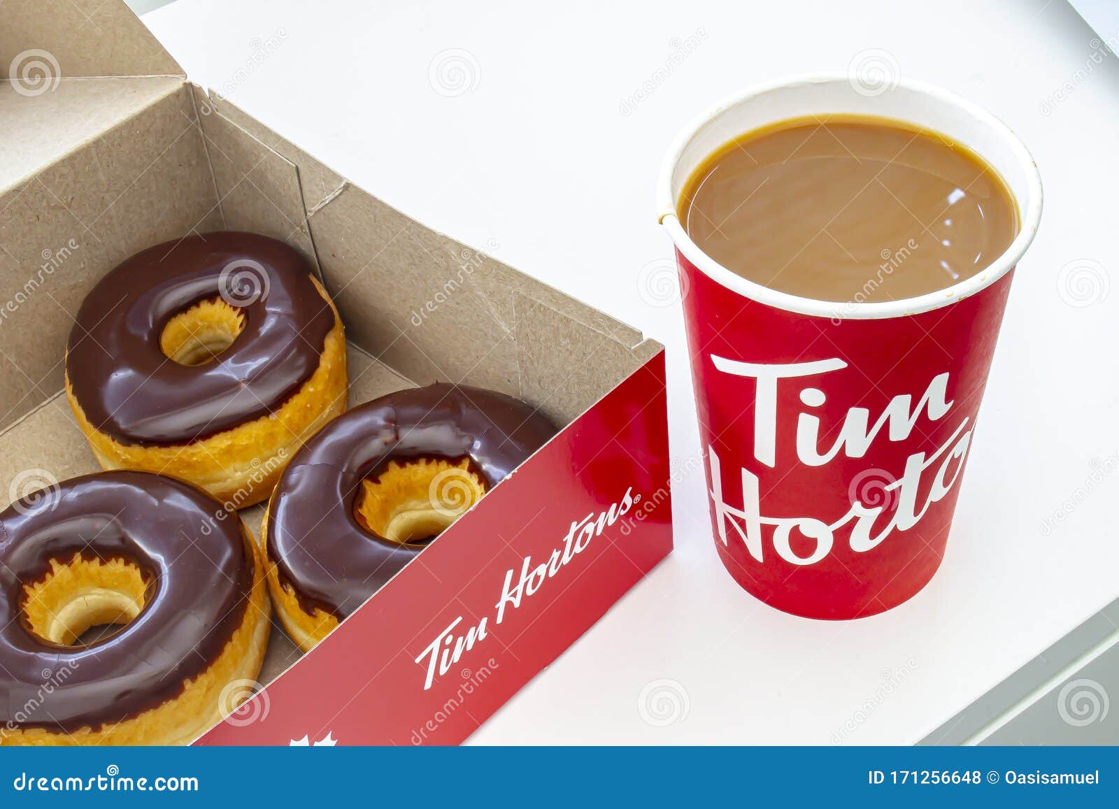 A Box Tim Hortons Chocolate Dip Donuts With A Coffee Cup Editorial