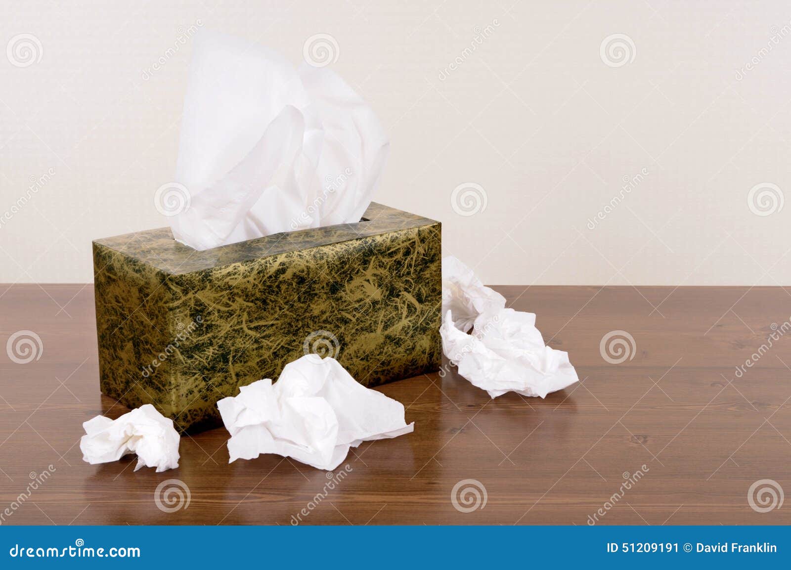 Tissue Box with Used Crumpled Tissues on a Wood Table, Copy Space Stock ...