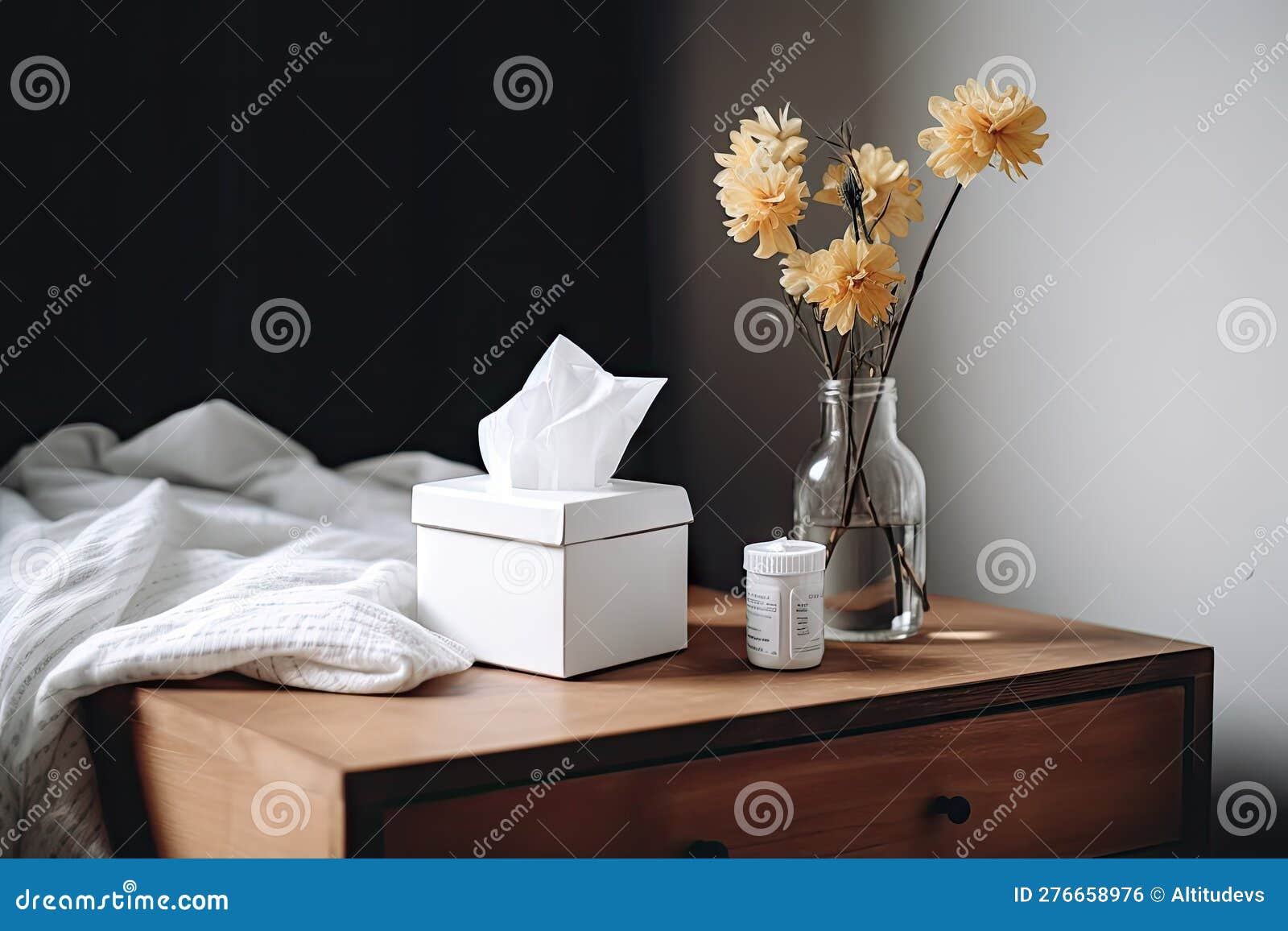 Box of Tissues and Nasal Spray on Bedside Table Stock Photo - Image of ...