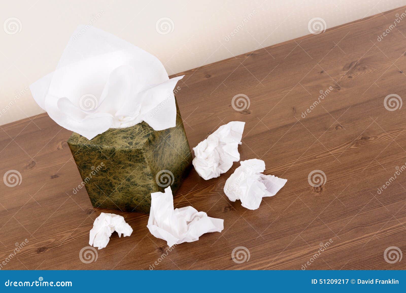 Tissue Box with Used Crumpled Tissues on a Wood Table, Copy Space Stock ...
